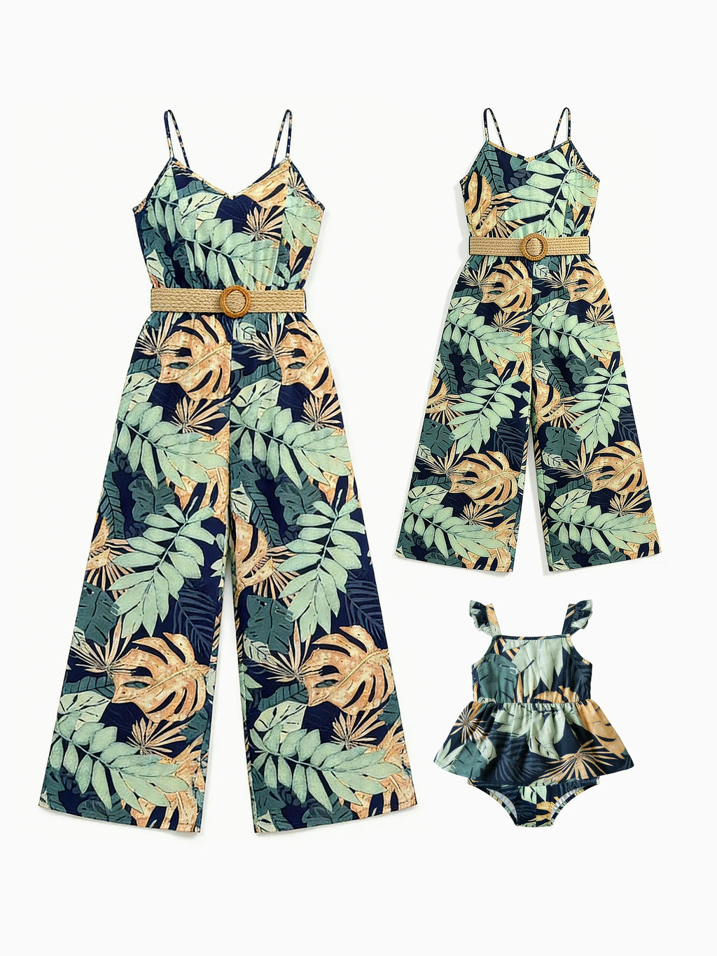 Matching Family Palm Leaf Print Sleeveless Strap Jumpsuits for Mommy a ...
